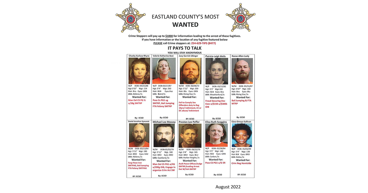 Eastland County's Most Wanted, August 2022 - Microplex News